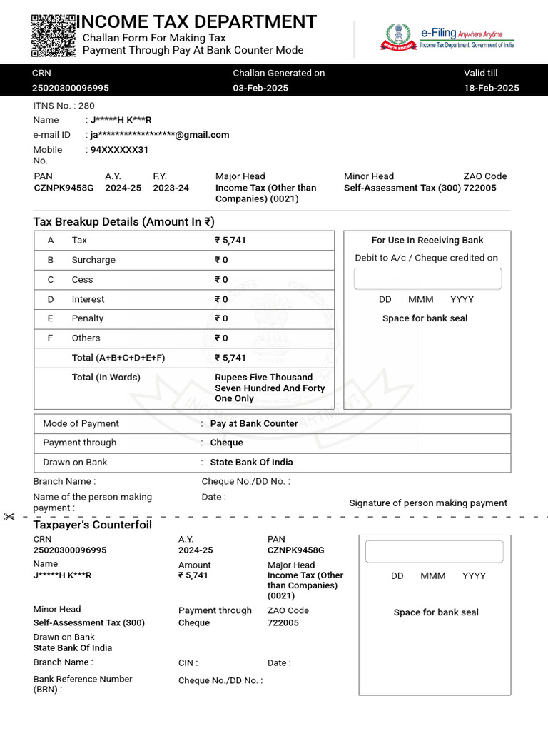 Income Tax Payment Challan Form | PDF | Cheque | Payments