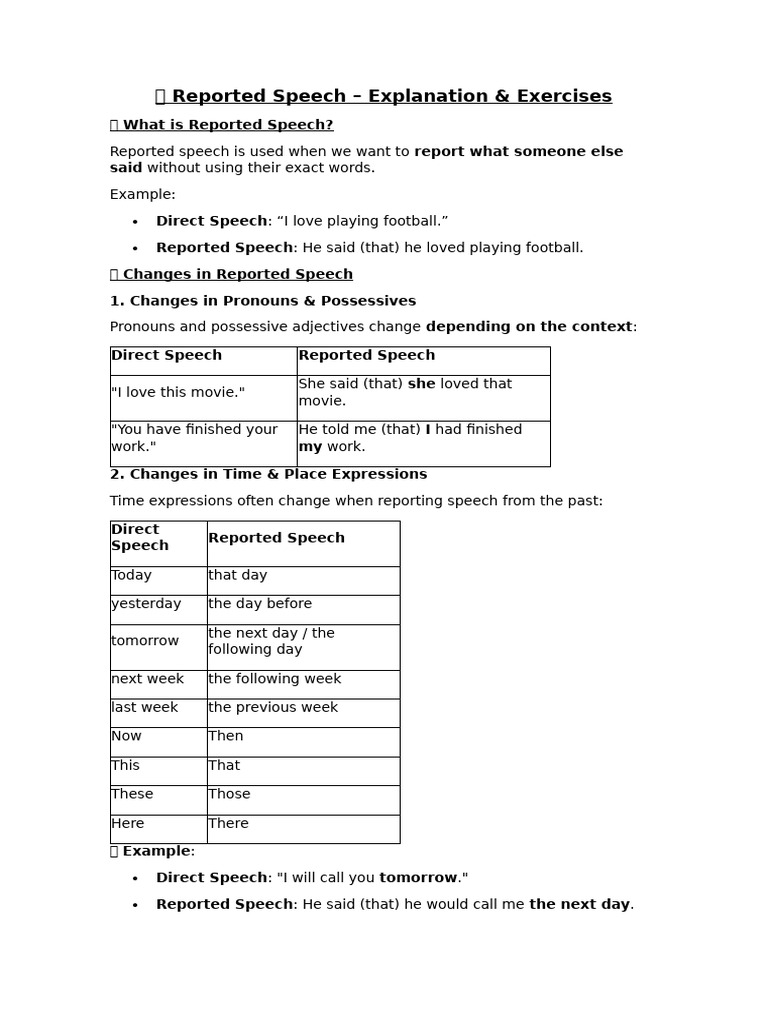 Reported Speech – Explanation & Exercises | PDF | Syntax | Grammar