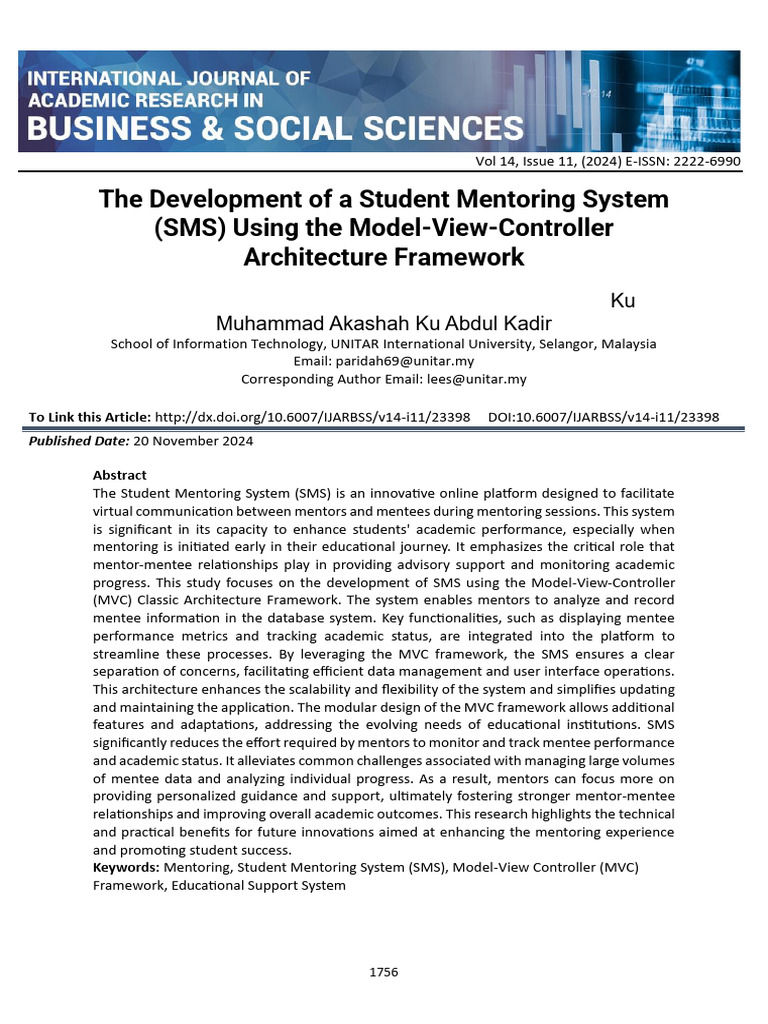 The Development of a Student Mentoring System Sms Using the Model View Controller Architecture ...