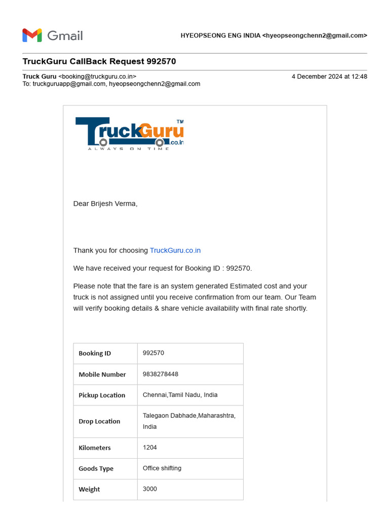 TruckGuru CallBack Request 992570 | PDF