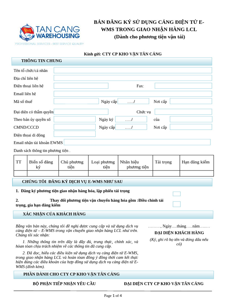 MẪU 4 - DN VẬN TẢI - MẪU ĐĂNG KÝ VÀ HỢP ĐỒNG SỬ DỤNG DV EWMS | PDF