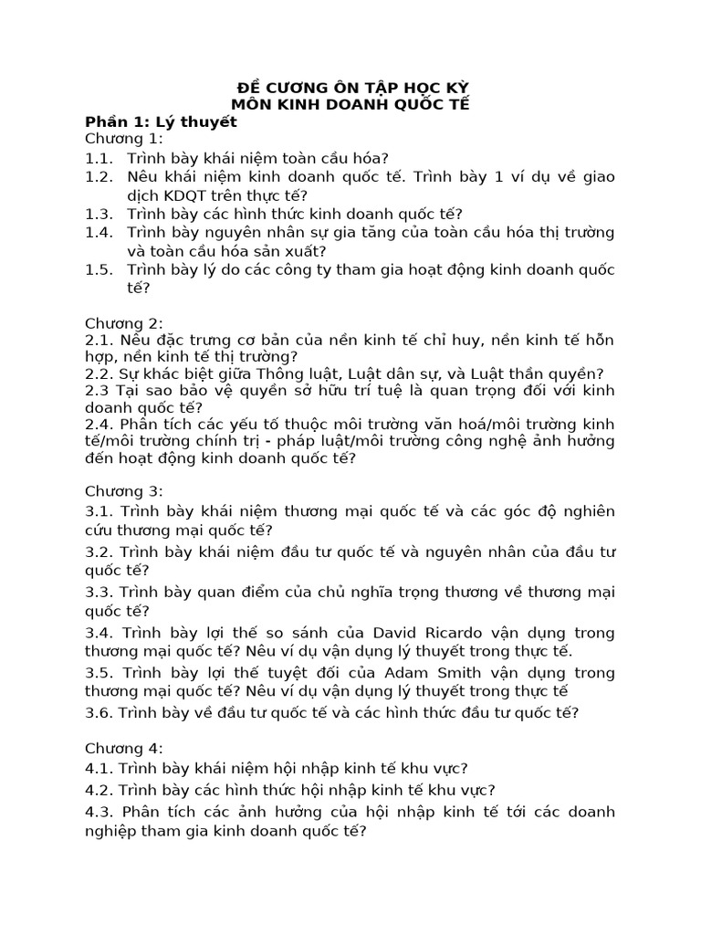 ĐỀ CƯƠNG ÔN TẬP HỌC KỲ KDQT 1 | PDF