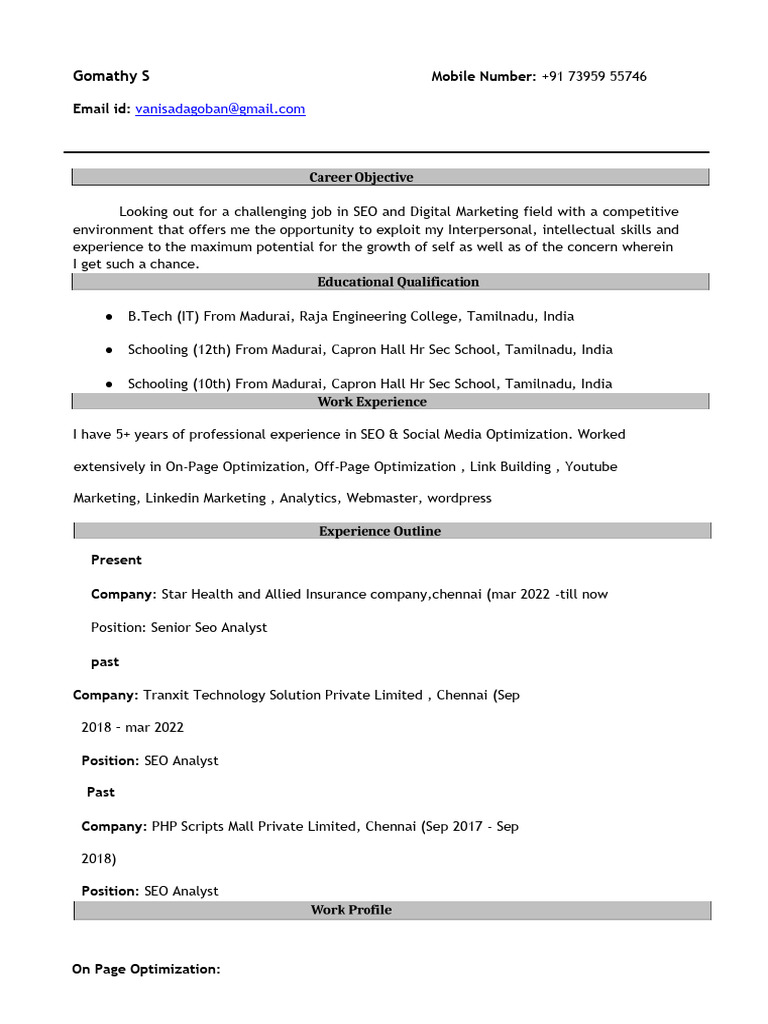 Profile - Gomathy - Senior Seo-2-1 | PDF | Search Engine Optimization | Computing