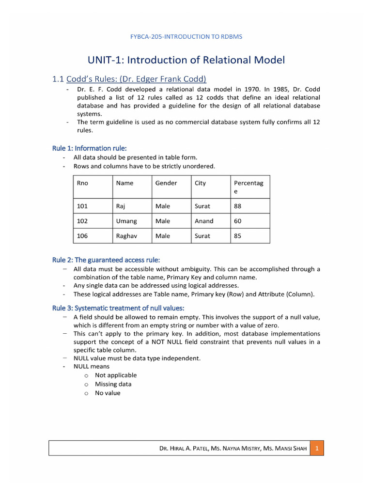 Unit1 Introduction of Relational Model - 1 | PDF