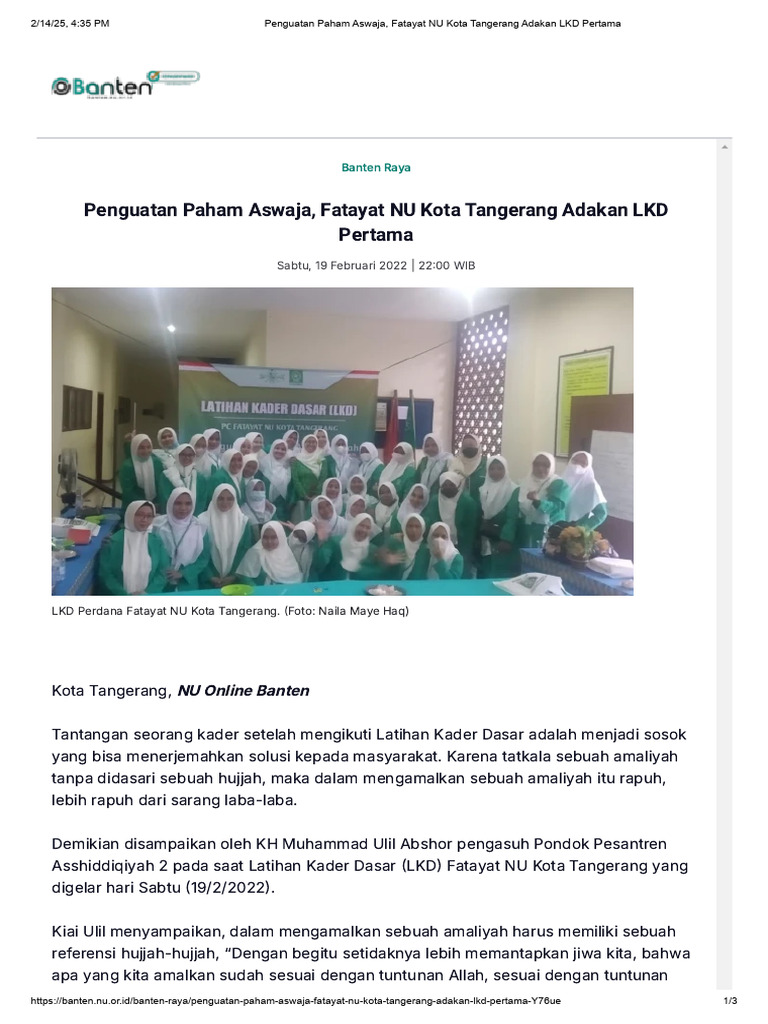 Penguatan Paham Aswaja, Fatayat NU Kota Tangerang Adakan LKD Pertama | PDF