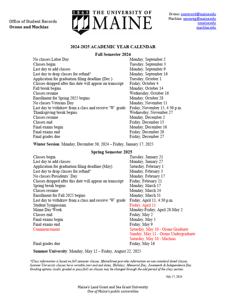 UMaine Academic Calendar 2024-2025 | PDF | Academic Term | Public Holiday