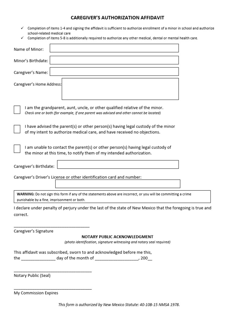 Caregivers Authorization Affidavit & Information Sheet ($.20) | PDF