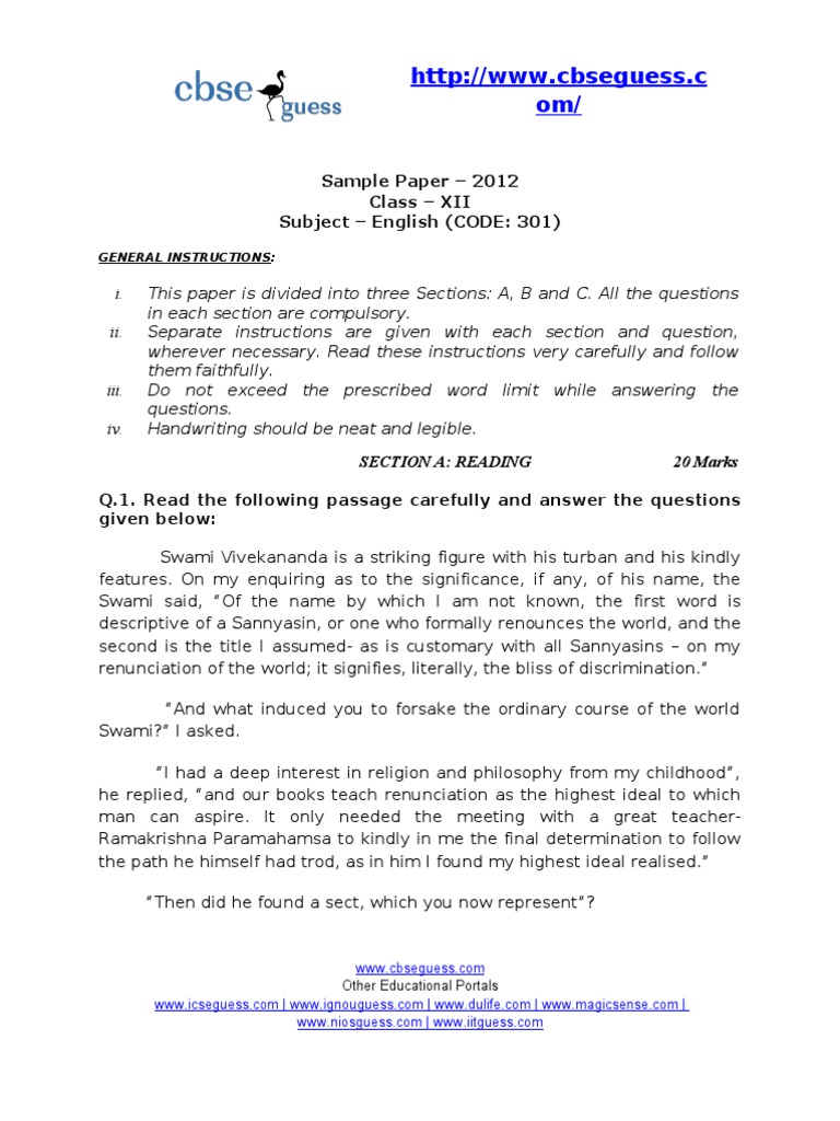 Class 12 English Sample Paper 2012 | PDF