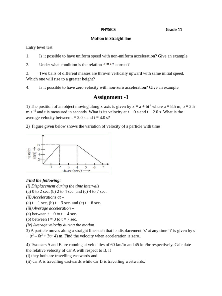 Kinematics (Motion in Straight Line) WS 1 | PDF | Acceleration | Velocity