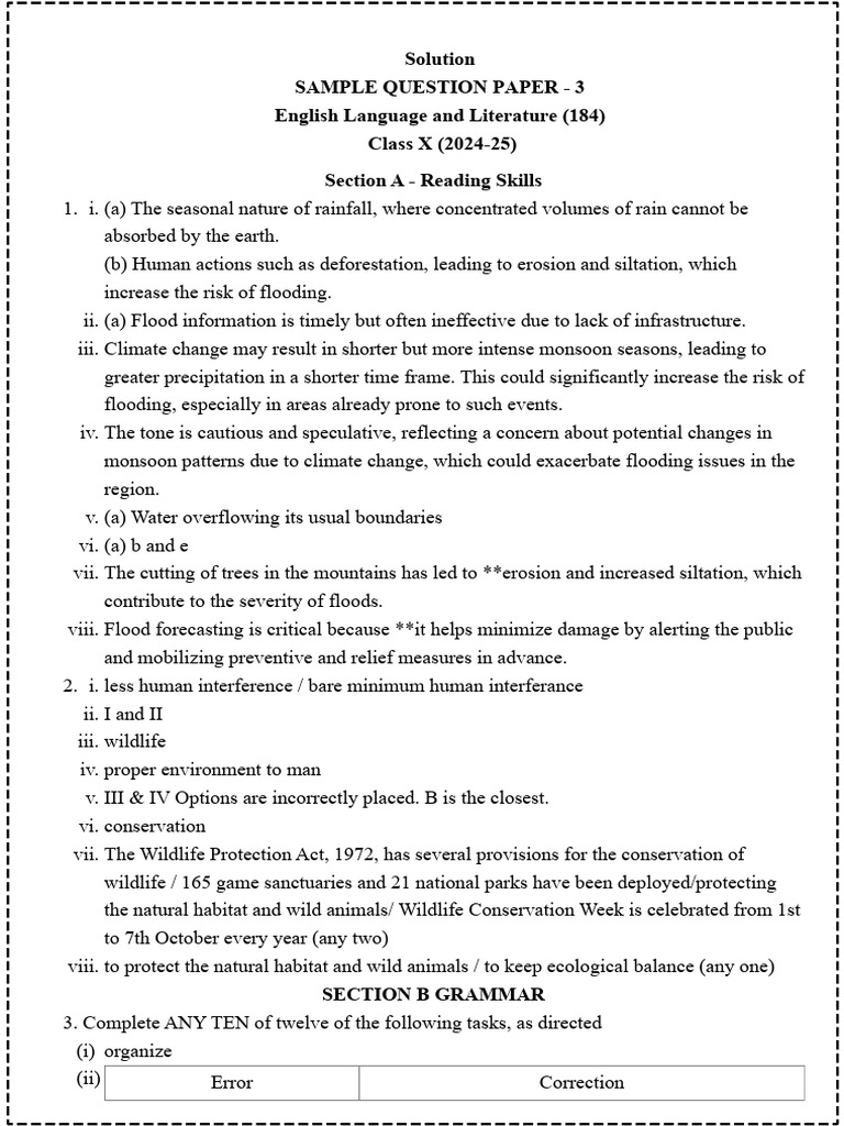 English Lang and Lit Class X Sample Paper 03 For Board Exam 2025 Answers | PDF | Flood | Rain