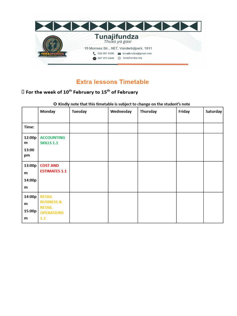 Extra Lessons Timetable Feb 10-15 | PDF