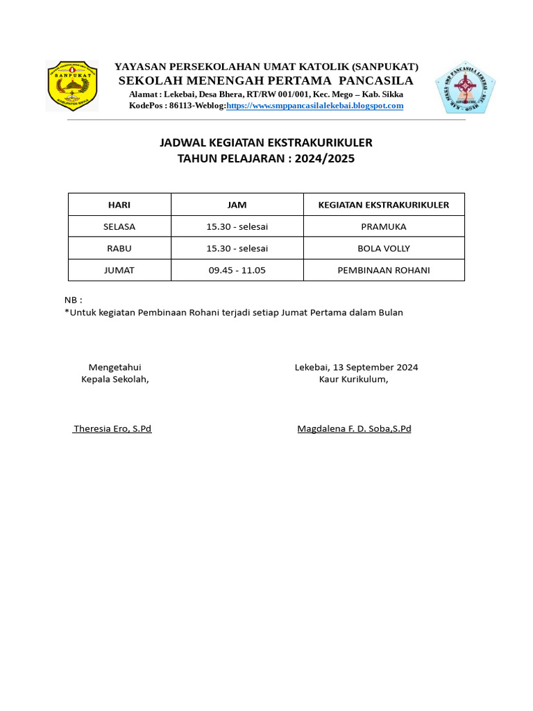 Jadwal Ekstrakurikuler | PDF