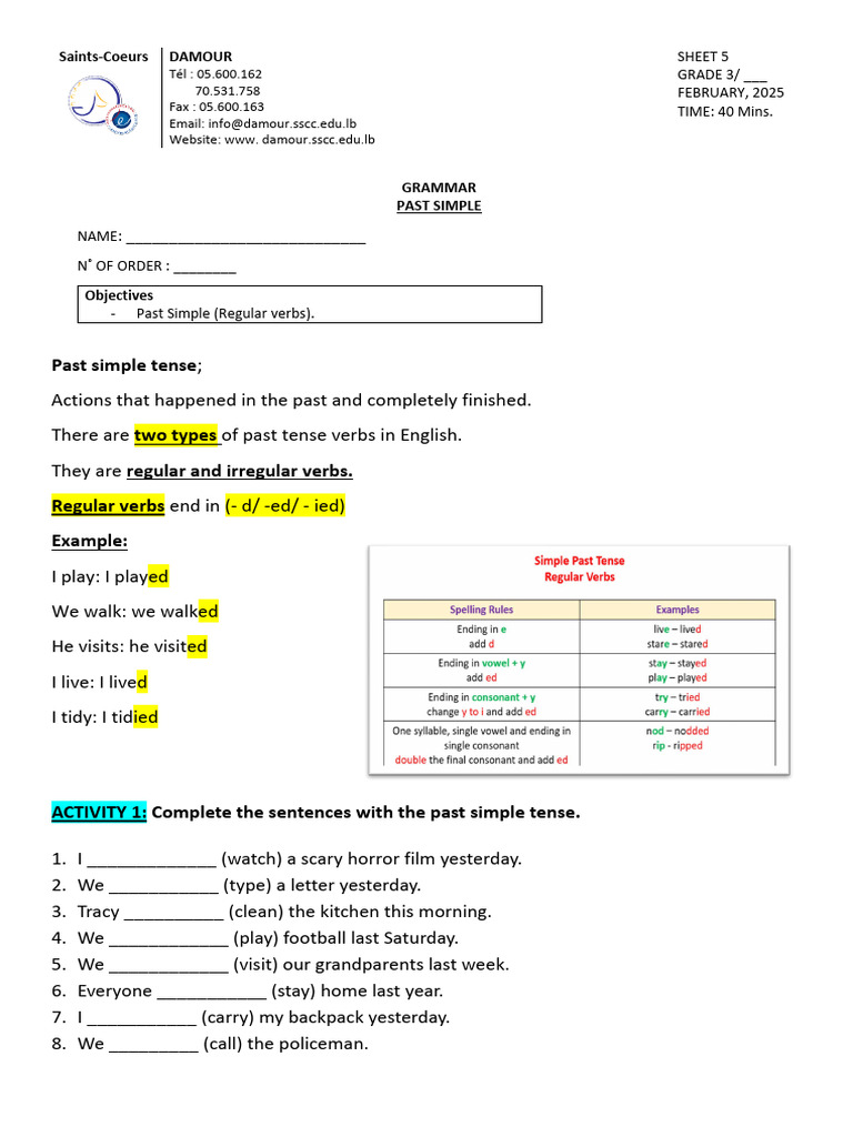 Grammar Sheet 5 - Past Simple (Regular Verbs - Affirmative, Negative ...