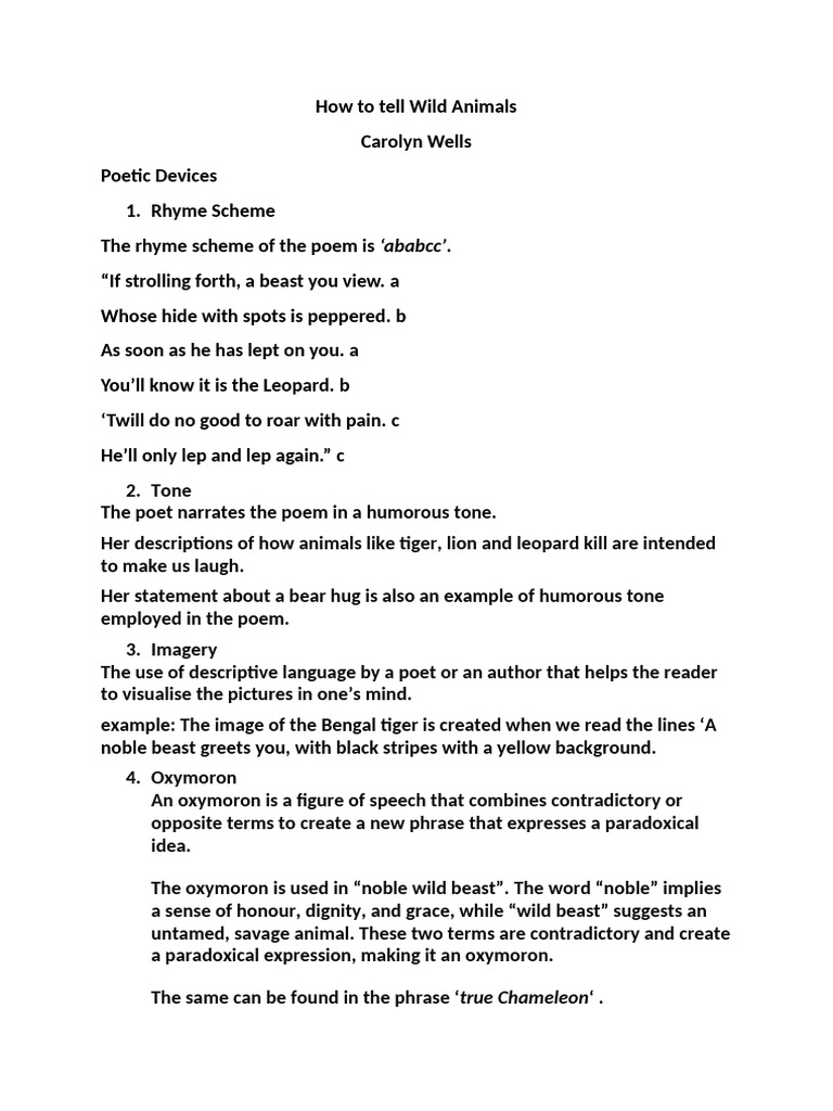 Poetic Devices in "How to Tell Wild Animals" | PDF | Poetry | Tiger