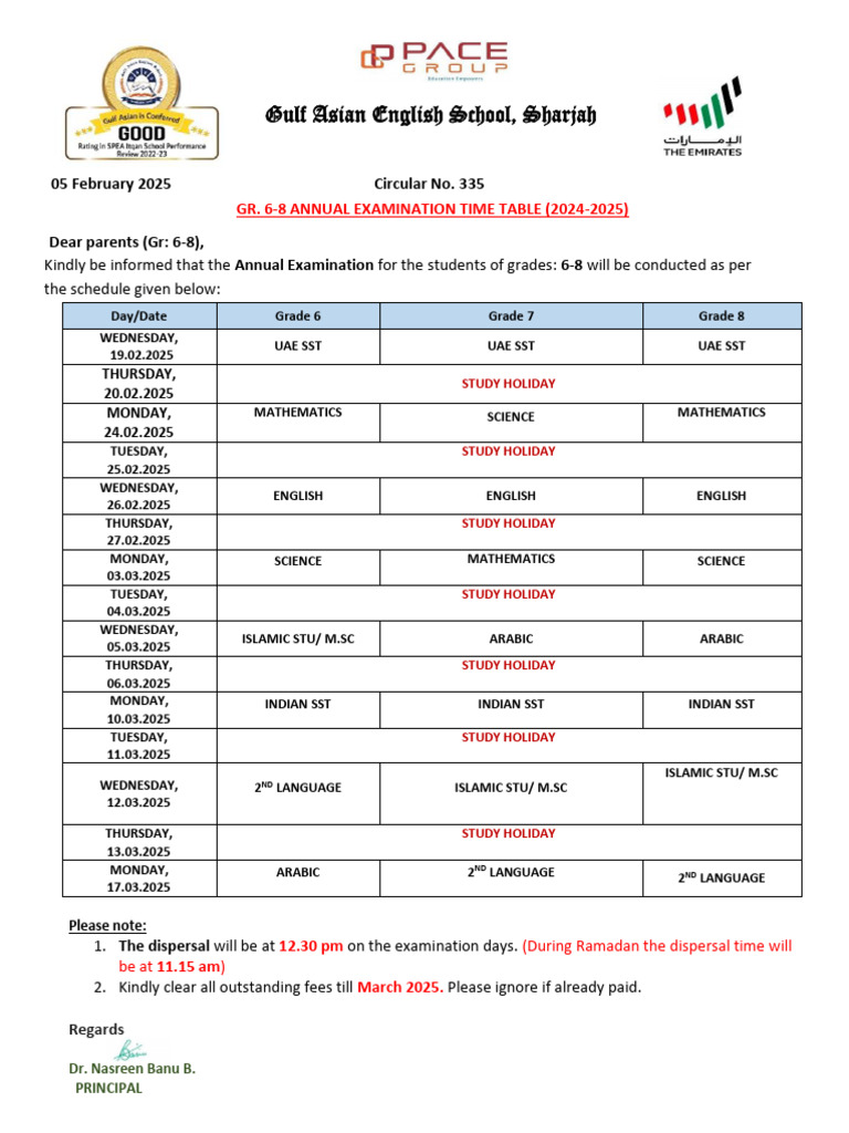GR. 6 - 8ANNUAL EXAMINATION TIME TABLE (2024-2025) - Circular No. 335 | PDF