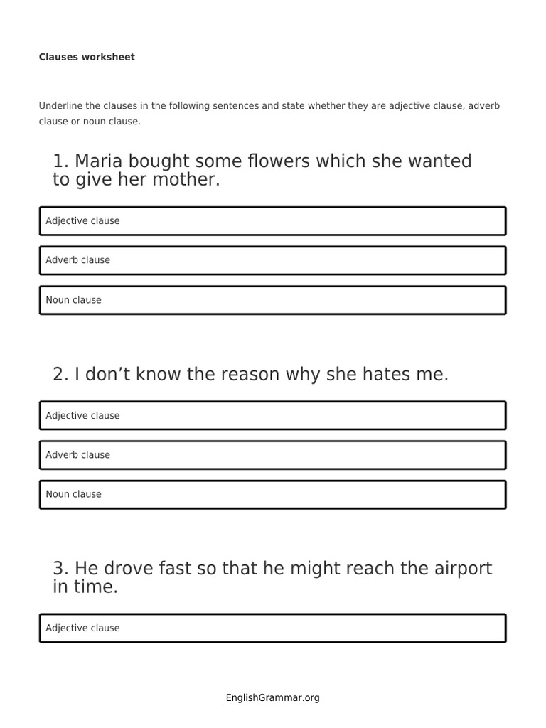 Clauses Worksheet with Answers | PDF | Adjective | Adverb