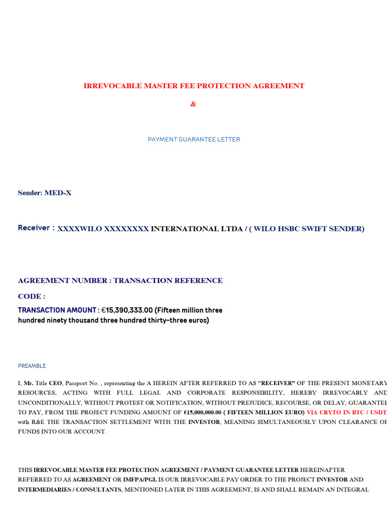 Irrevocable Fee Protection Agreement | PDF | Cryptocurrency | Banks