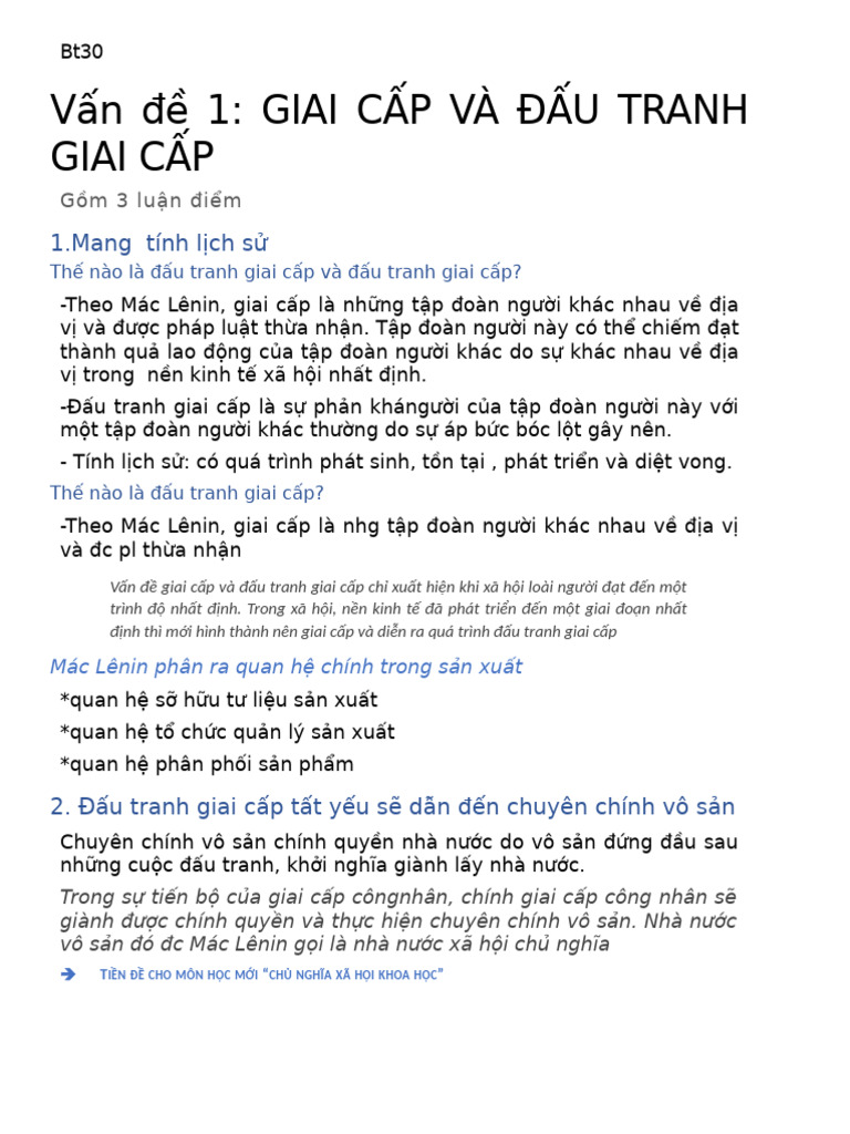 Vấn Đề 1: Giai Cấp Và Đấu Tranh Giai Cấp: 1.Mang tính lịch sử | PDF