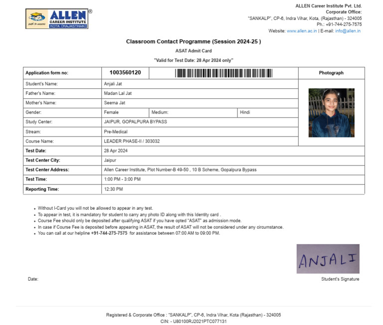 Admit Card (Session 2024-25) - ALLEN Career Institute Pvt. LTD - Anjali ...