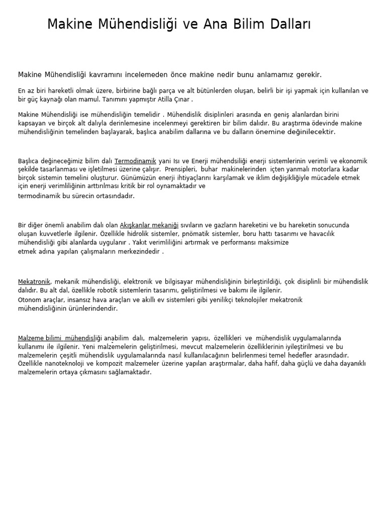 Makine Mühendisliği Ve Ana Bilim Dalları | PDF