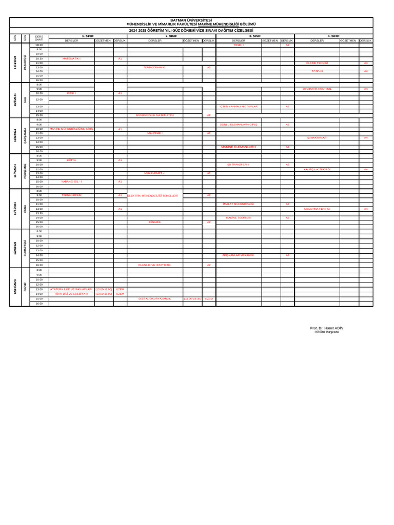 Makine Muh 2024-2025 Guz Vize Sinav Programi | PDF