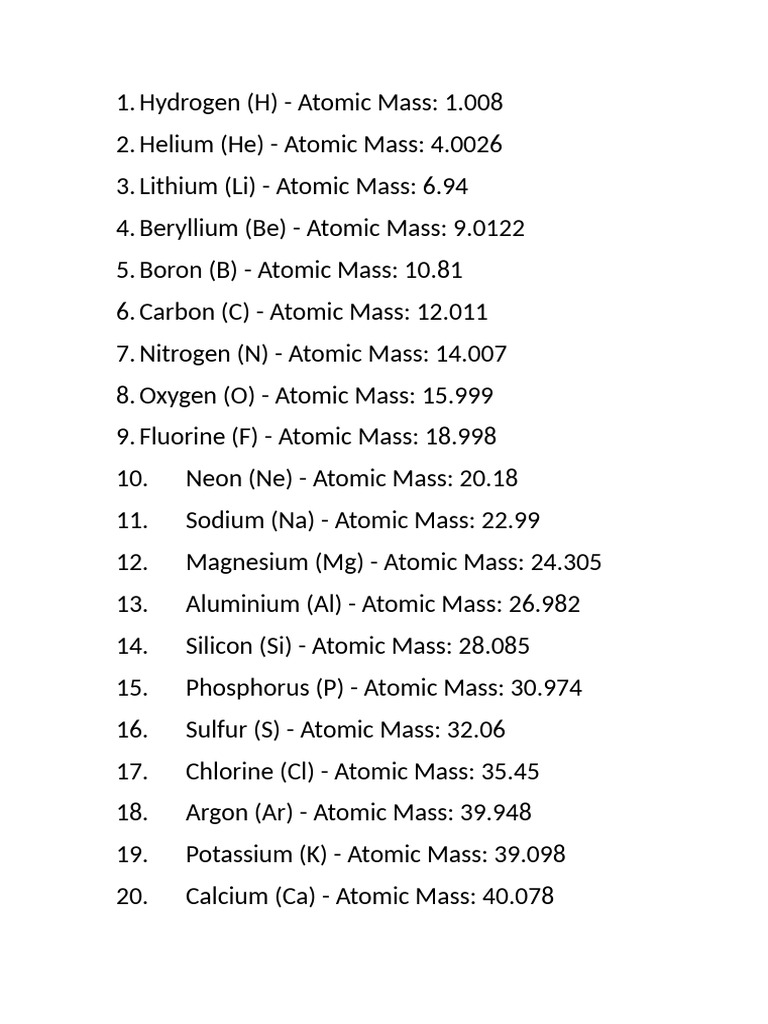 Atomic Masses of Elements 1-30 | PDF