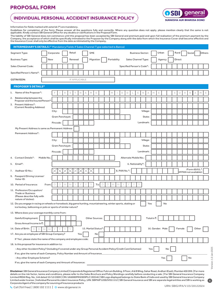 Individual Personal Accident Insurance Policy: ( Mandatory Fields If ...