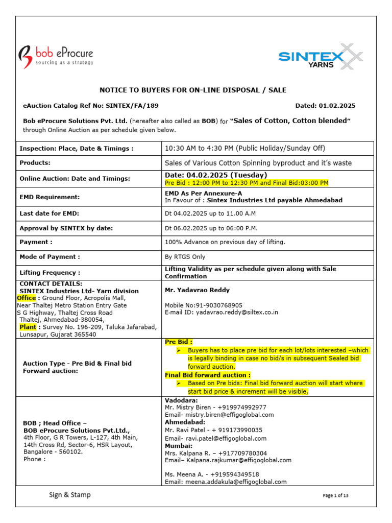 Sintex India Auction Catalogue of Cotton and Blended Items FA-189 Dt ...