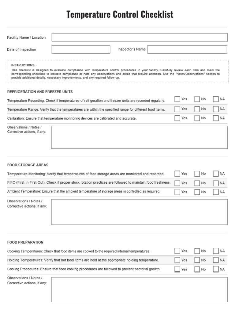 Temperature Control Compliance Checklist | PDF | Food Storage ...