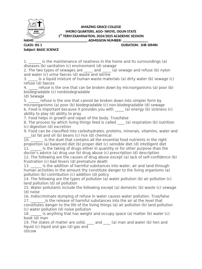 JSS1 Basic Science First Term Exam | PDF | Matter | Pollution