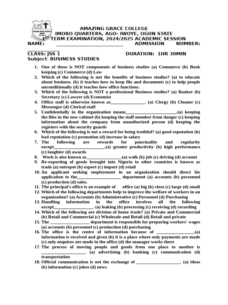 JSS1 Business Studies Exam Questions | PDF | Retail | Economies