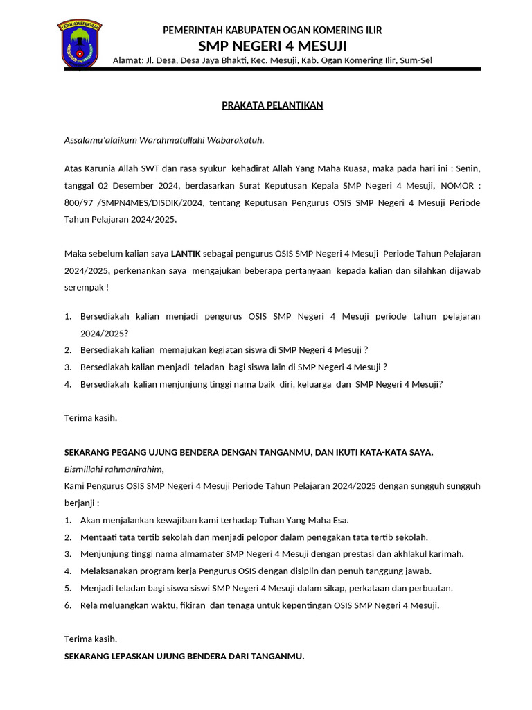 Prakata Pelantikan OSIS | PDF