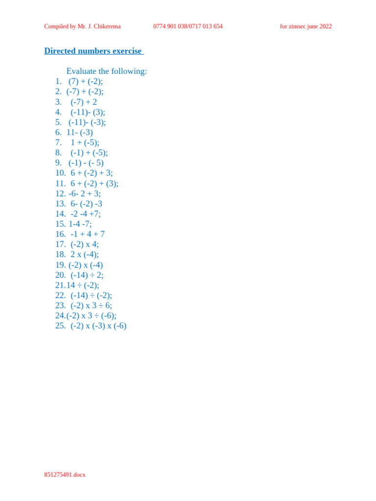 Directed Numbers Exercises 2022 | PDF