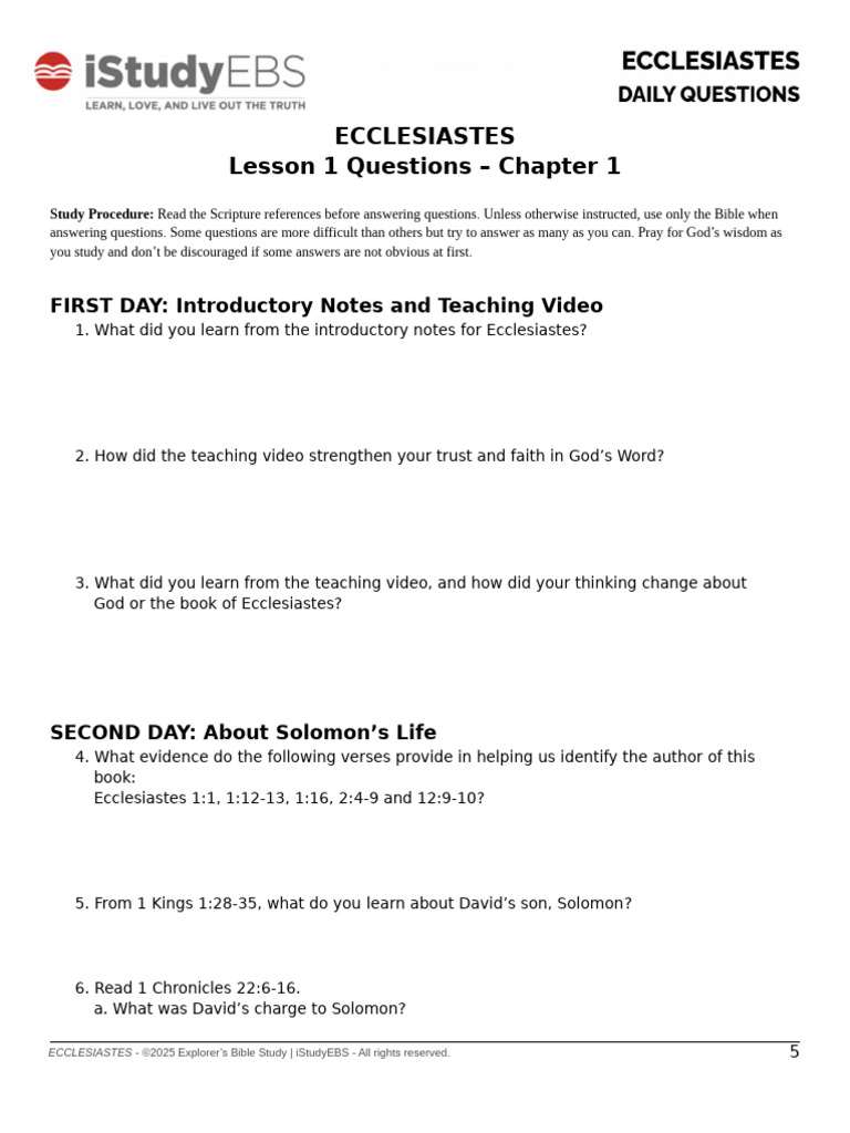 Ecclesiastes Lesson 1 Study Questions | PDF | Ecclesiastes | Bible
