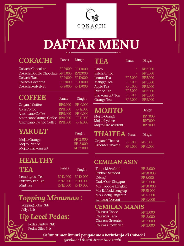 Menu Minuman dan Snack Cokachi | PDF | Minuman Berkafeina | Teh