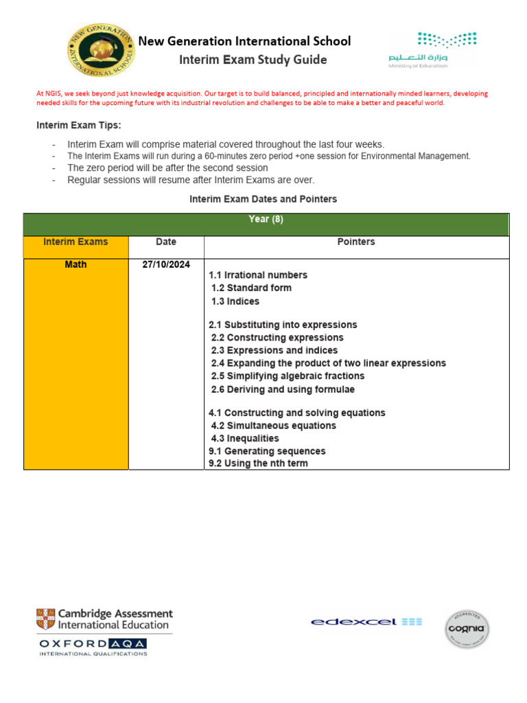 Interim Exam Study Guide (Yr 8) | PDF