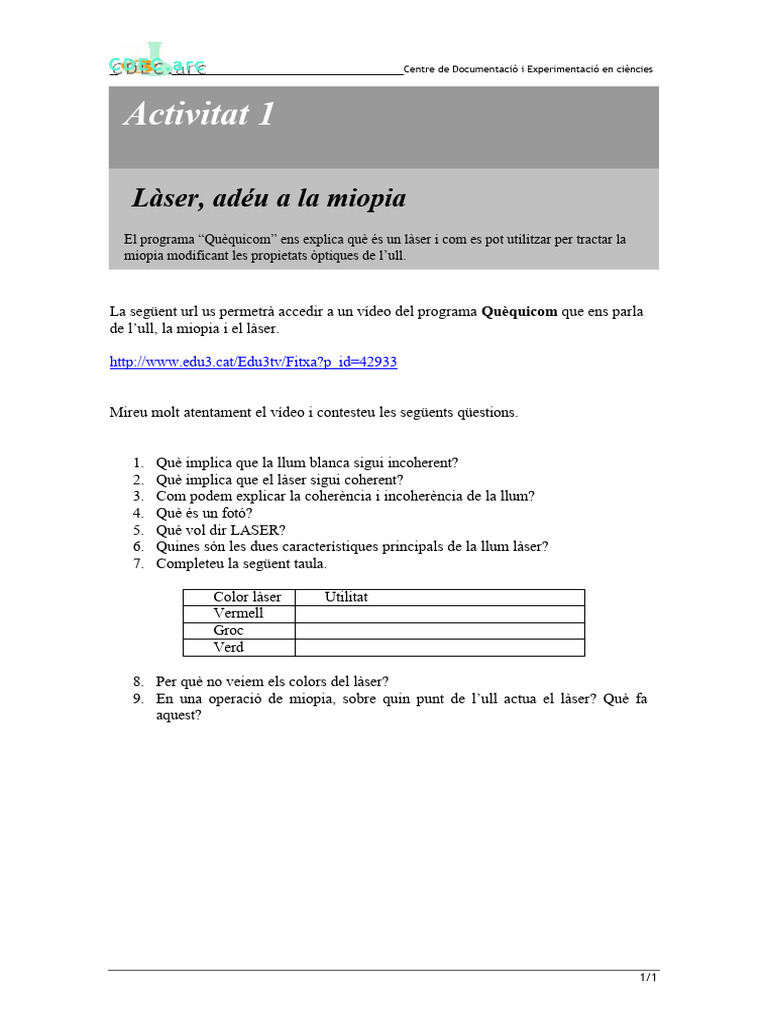 Activitat Laser Adeu A La Miopia | PDF