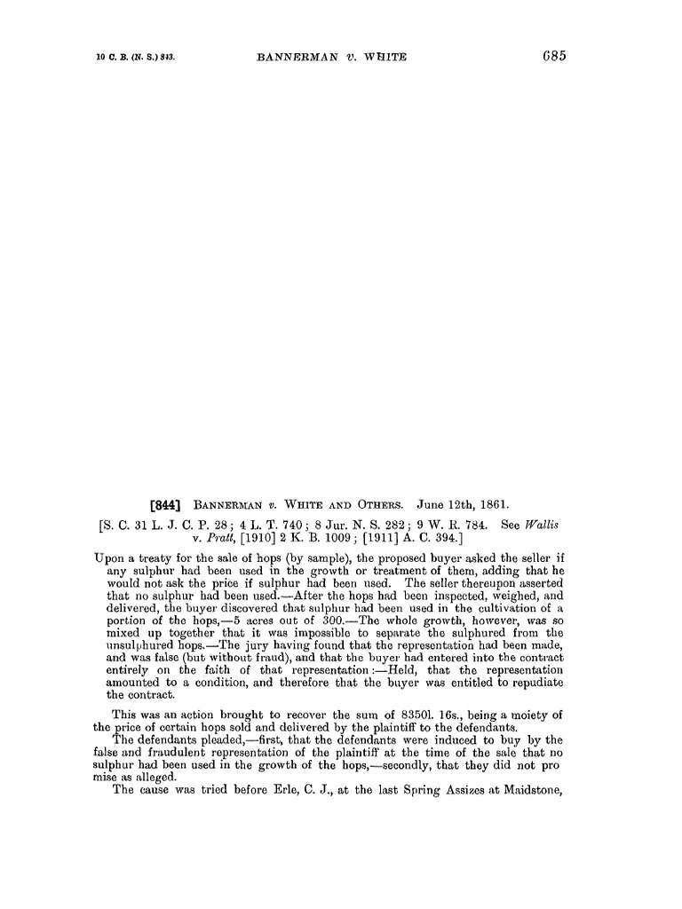 Bannerman V White and Others (1861) 142 ER 685 | PDF | Hops | Contractual Term