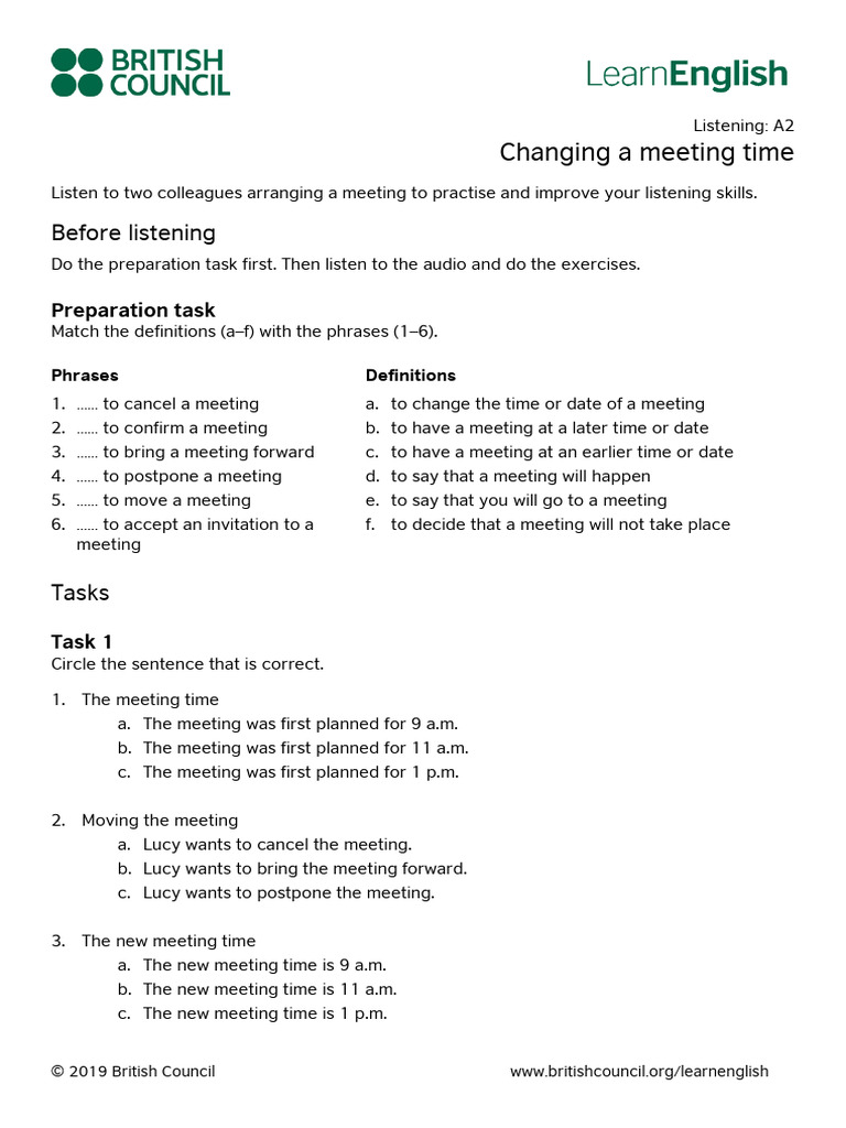 Meeting Time Change Listening Exercise | PDF