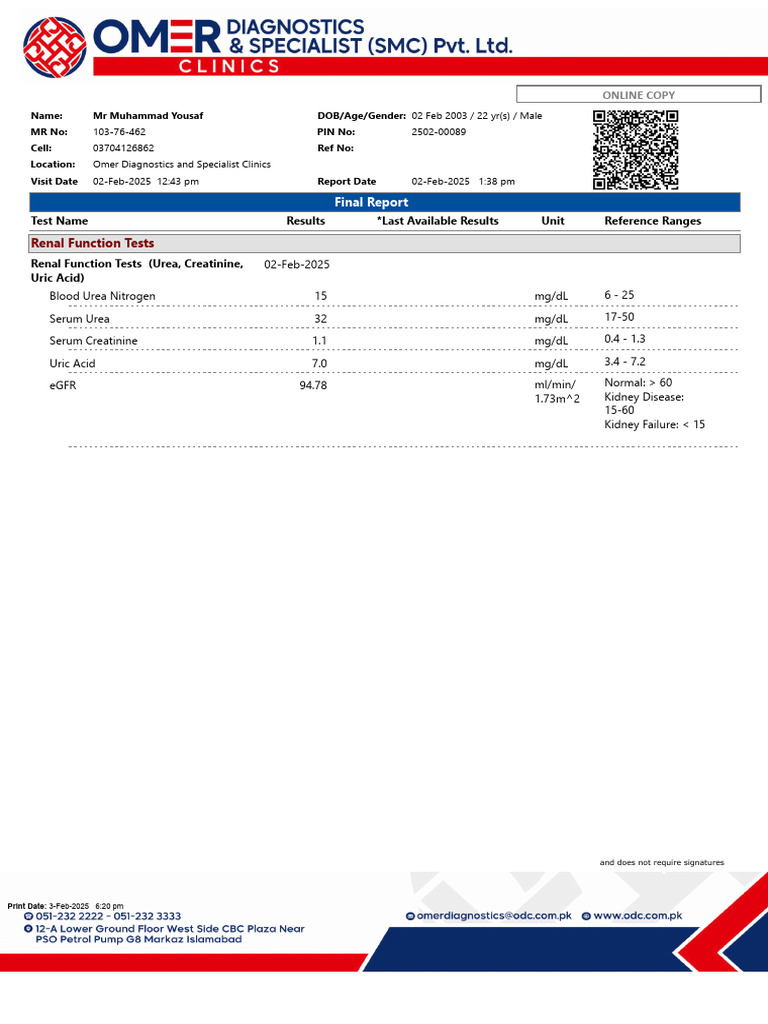 Renal Function Tests (Urea, Creatinine, Uric Acid) - 2502-00089 | PDF