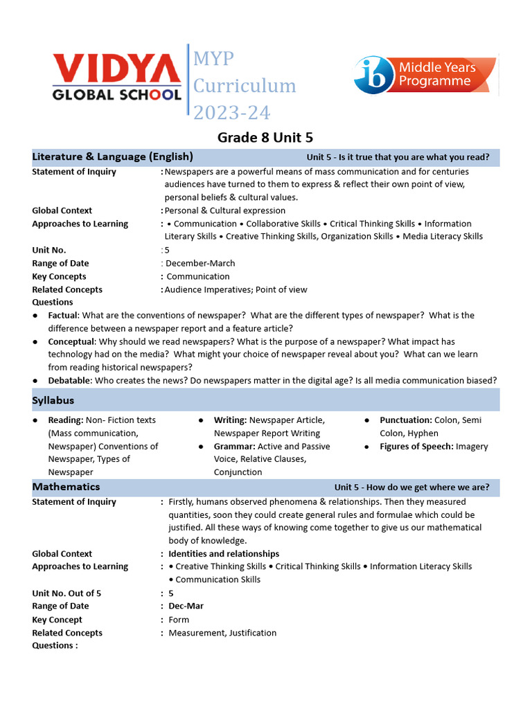 MYP Curriculum- Grade 8 ( UNIT 5).docx | PDF | Mathematics | Thought