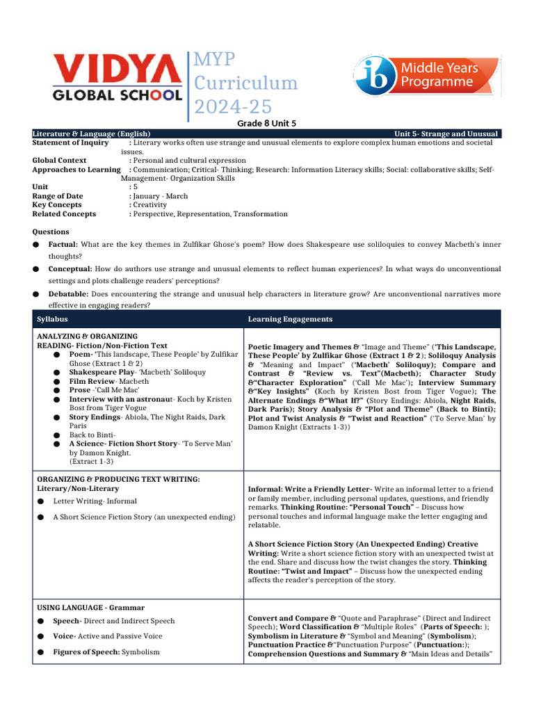 Grade 8 Unit 5 (24-25) MYP Curriculum | PDF | Natural Selection | Evolution