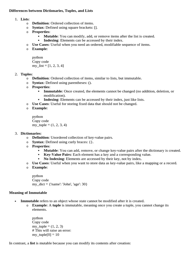Differences between Dictionaries, Tuples and List | PDF | Bracket | Object Oriented Programming