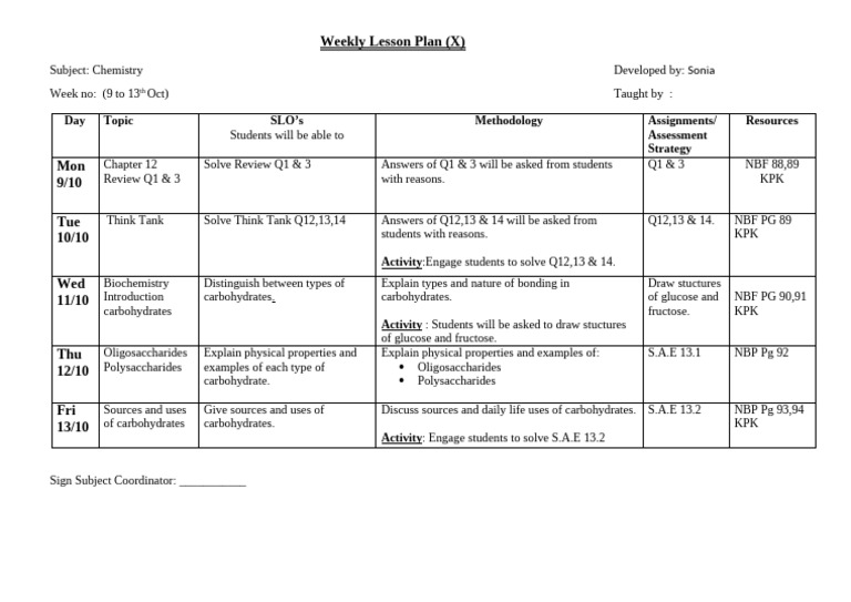 Lesson Plan X 9 To 13 Oct | PDF | Carbohydrates | Carbohydrate Chemistry