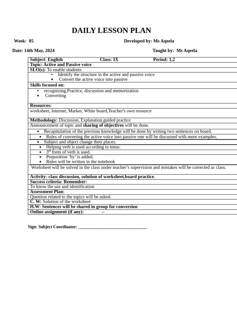 Lesson Plan For Class 9th Tuesday (Voice) | PDF