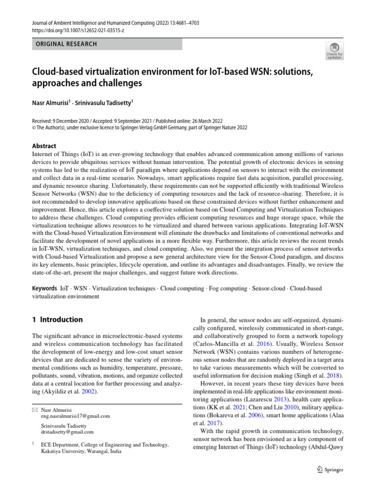 Cloud Based Virtualization Environment For IoT Based WSN Solutions ...
