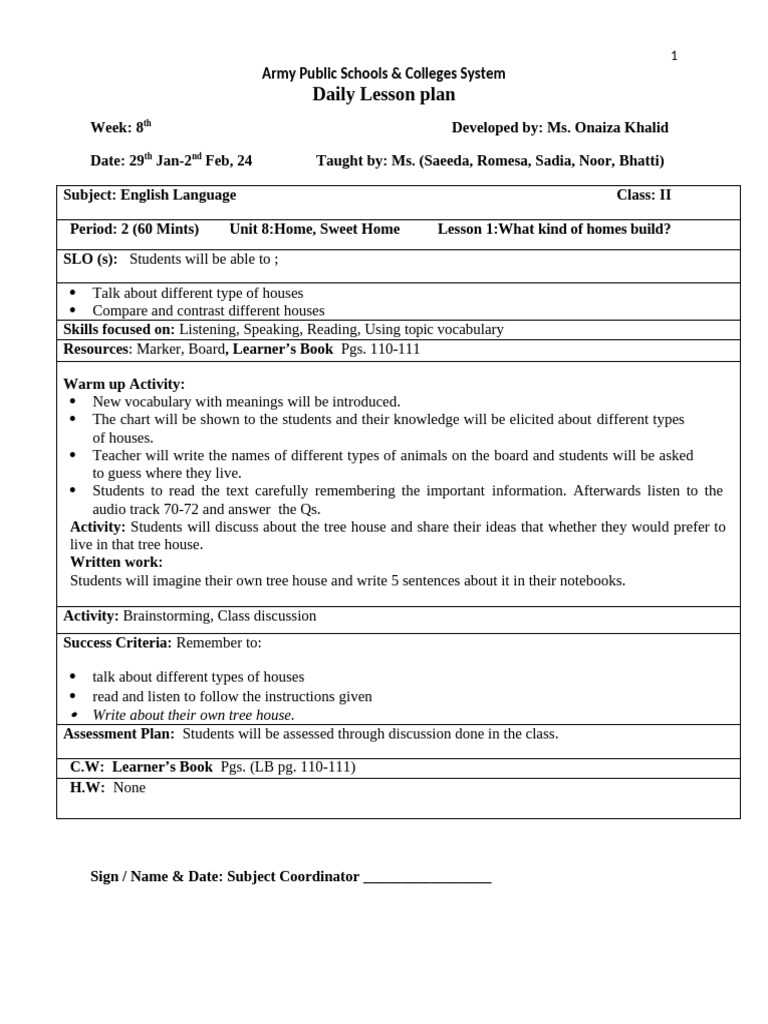 WEEK 8 Daily Lesson Plan CLASS 2 | PDF | Lesson Plan | Vocabulary