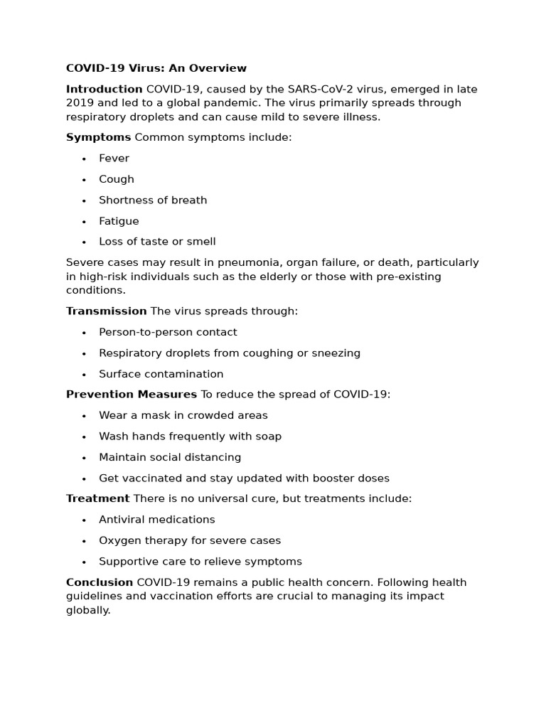 Covid 19 Overview Symptoms Spread Prevention Pdf