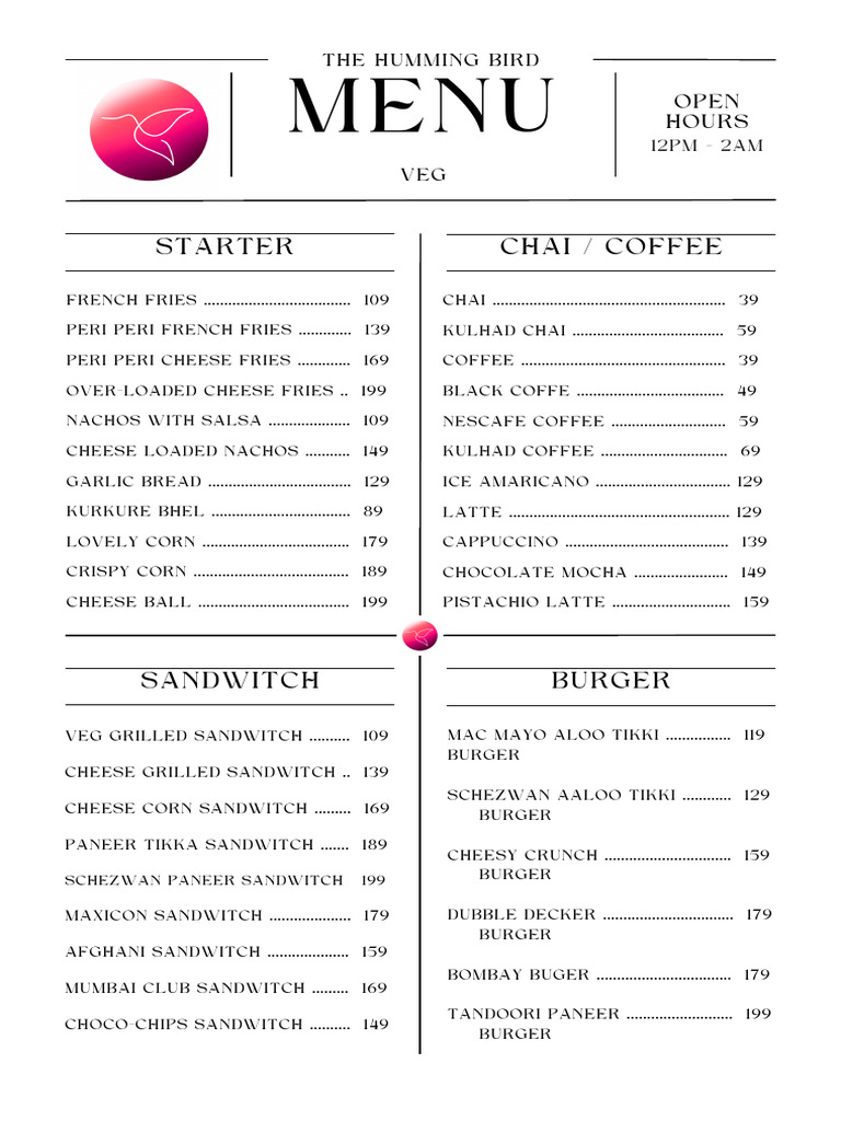 Humming Bird Restaurant Menu | PDF | Pasta | Pizza