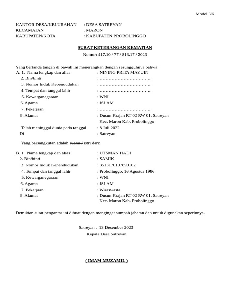 Blangko Model N6 S. Ket. Kematian | PDF